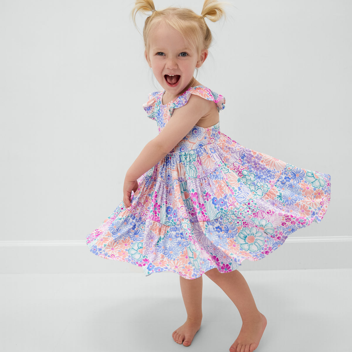 Doodle Blooms Tiered Flutter Dress with Bloomer – Little Sleepies