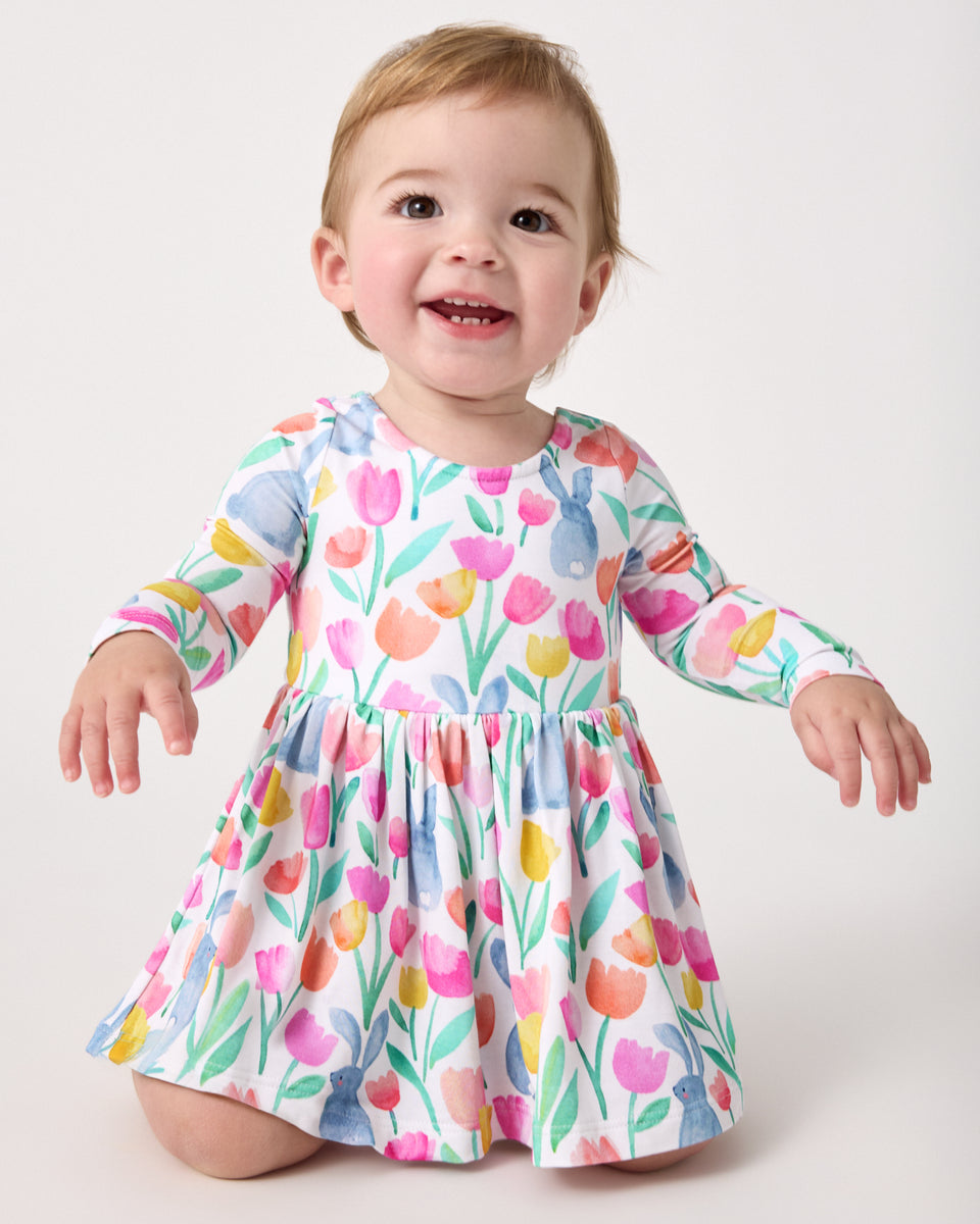 Garden Hop Bow Back Skater Dress with Bodysuit | Little Sleepies