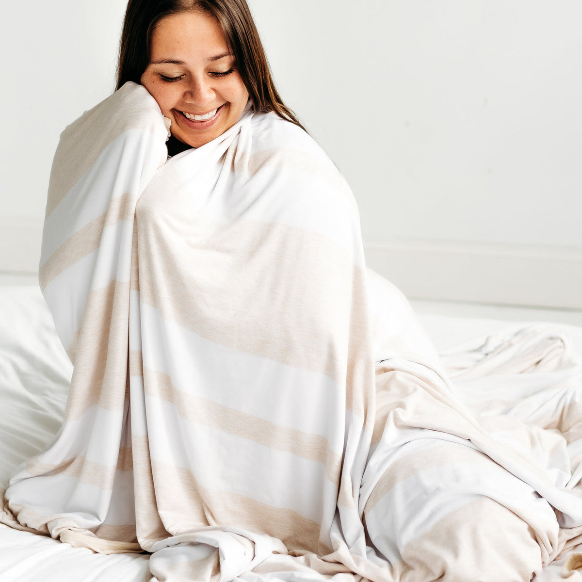 Heather Oatmeal Stripe Bamboo Viscose Oversized Cloud Blanket® - Little ...